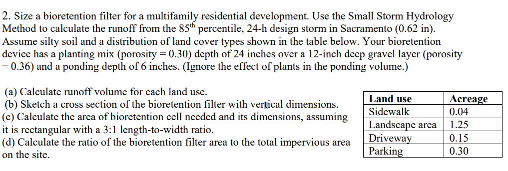 Solved 2. Size a bioretention filter for a multifamily | Chegg.com