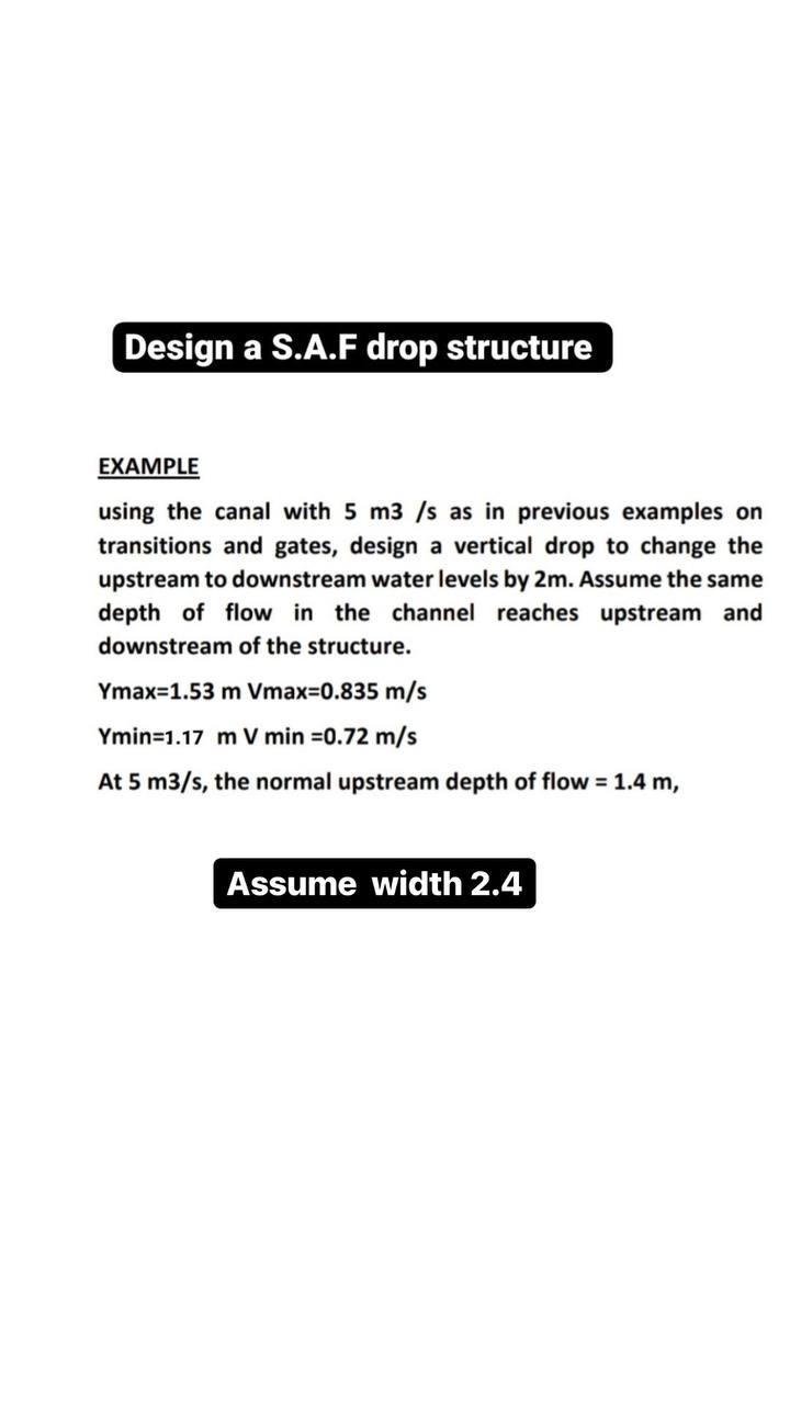 Solved Design a S.A.F drop structure EXAMPLE using the canal | Chegg.com