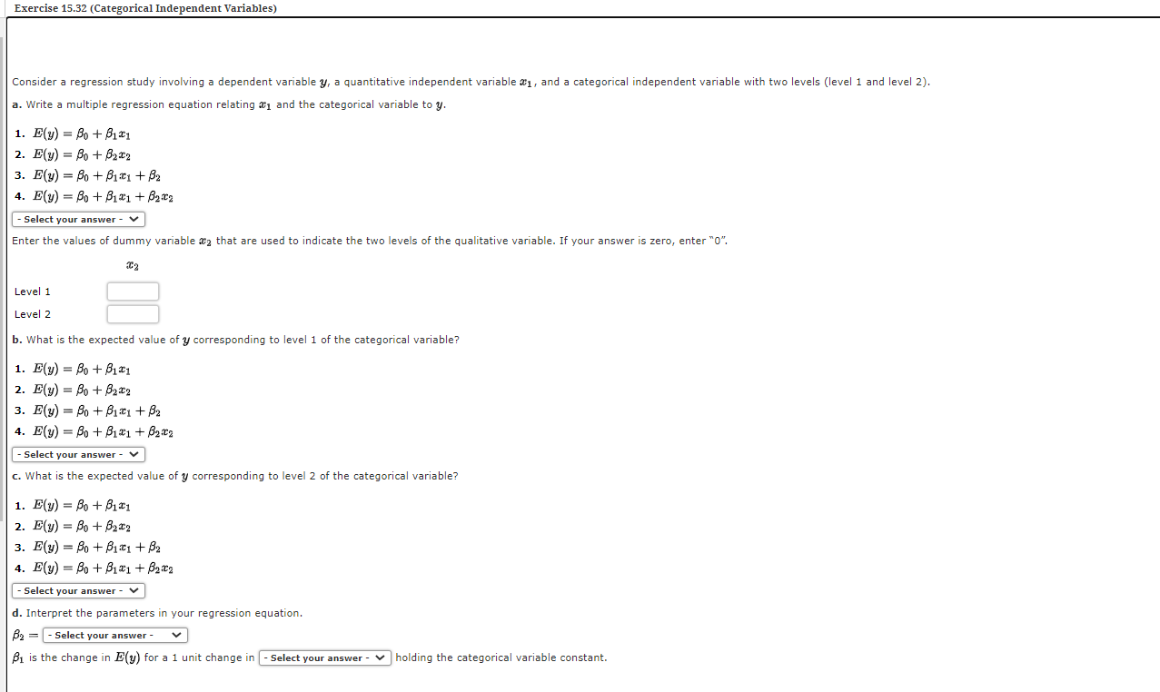 Exercise 15.32 (Categorical Independent Variables) | Chegg.com