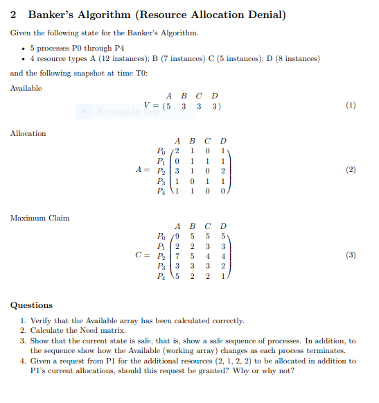 Solved 2 Banker's Algorithm (Resource Allocation Denial) | Chegg.com
