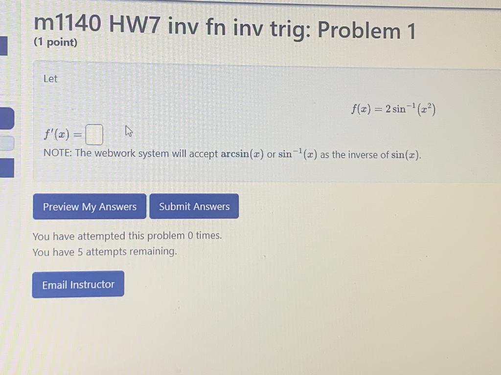 Solved m(1 point) 1140 HW inv fn inv trig: Problem 1 Let | Chegg.com