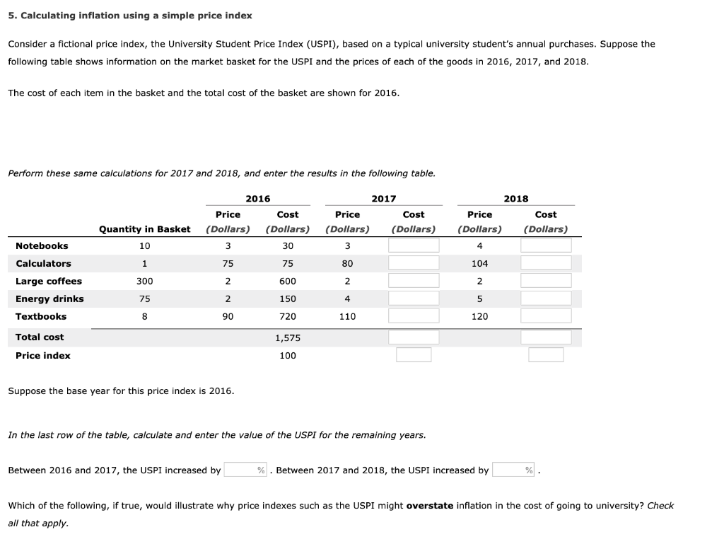 Solved 5. Calculating inflation using a simple price index | Chegg.com