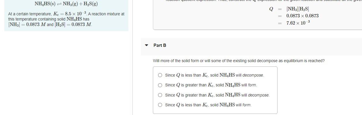 Solved NH4HS(s)⇌NH3( g)+H2 S( g) At a certain temperature, | Chegg.com