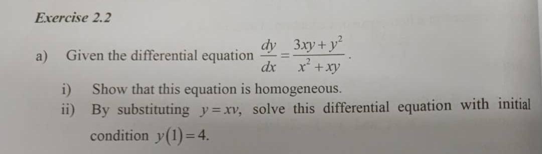 Solved Exercise 2.2 x² + xy a) Given the differential | Chegg.com
