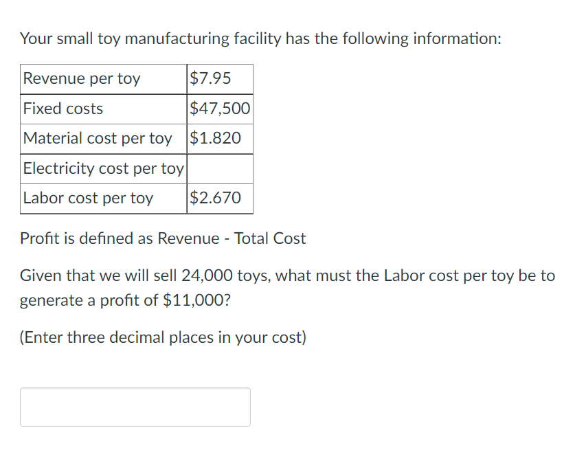 Solved Your small toy manufacturing facility has the | Chegg.com