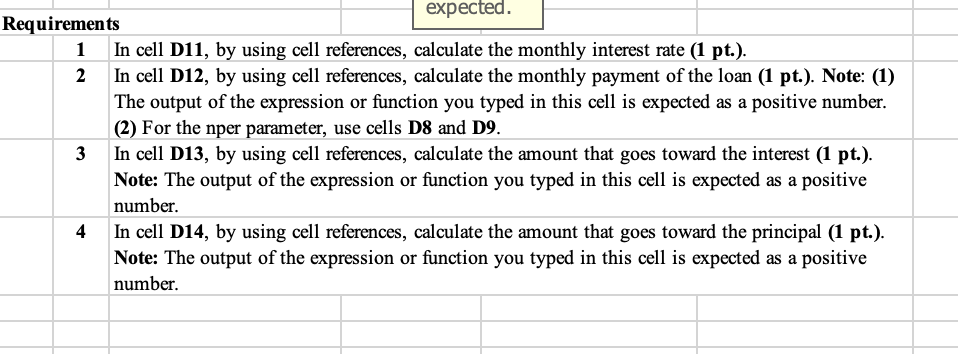 Solved expected. Requirements 1 In cell D11, by using cell | Chegg.com