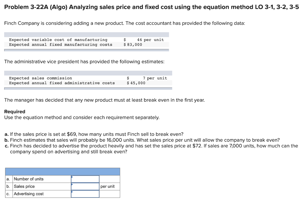 Solved Problem 3-22A (Algo) Analyzing sales price and fixed | Chegg.com