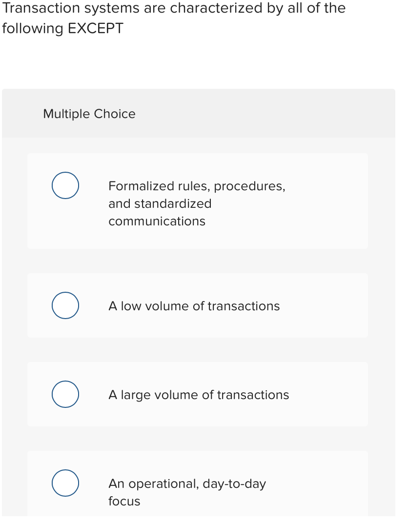 Solved Transaction systems are characterized by all of the | Chegg.com