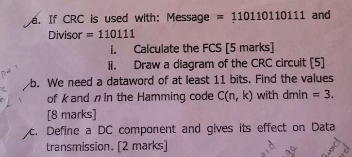 Solved a. If CRC is used with: Message = 110110110111 and | Chegg.com