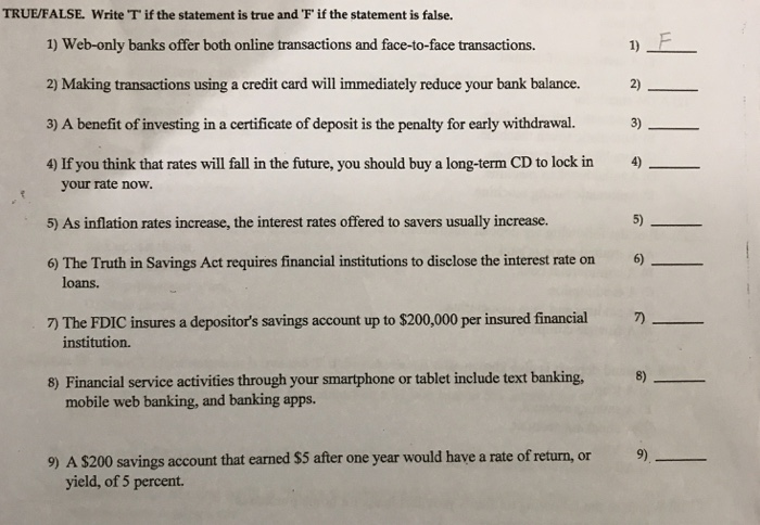 Solved Truefalse Write T If The Statement Is True And F If 