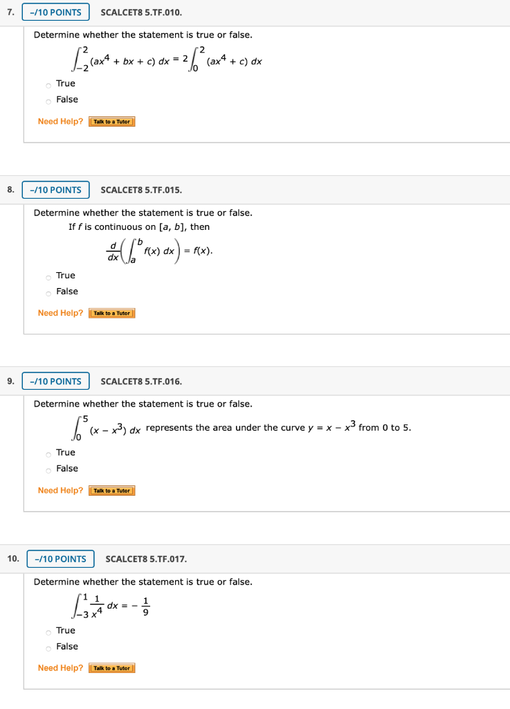 Solved 7.-/10 POINTS SCALCET8 5.TF.010. Determine whether | Chegg.com | Chegg.com