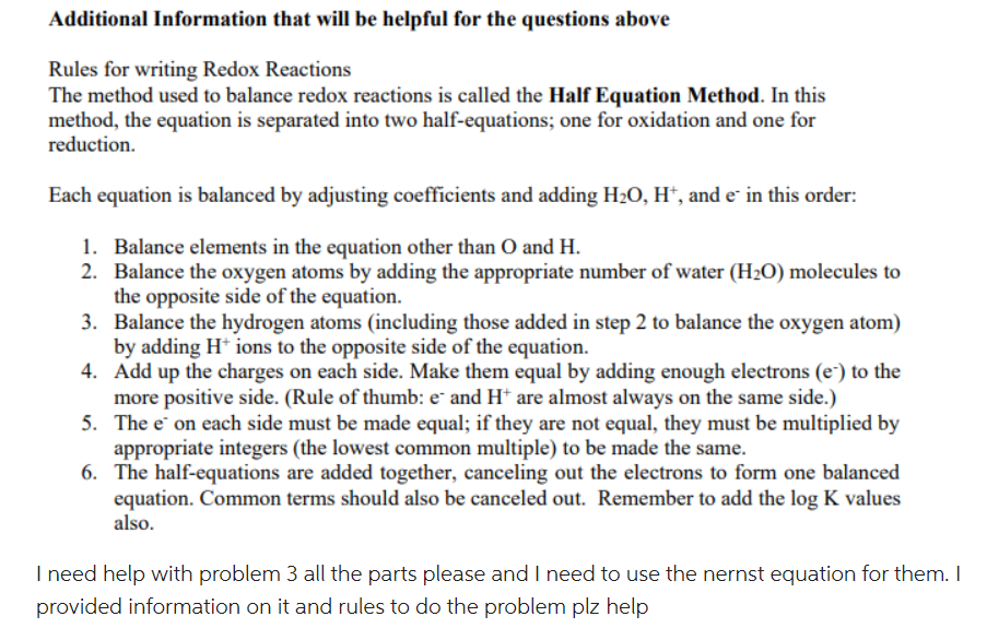 Solved 3) Using balanced redox equations, the Nerst equation | Chegg.com