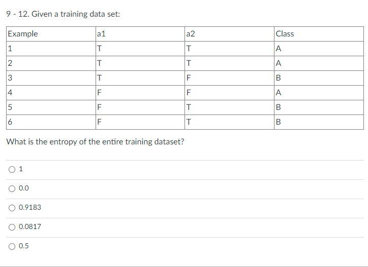 Solved 9 - 12. Given a training data set: Example a1 a2 | Chegg.com