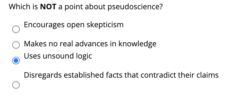 Solved Which is NOT a point about pseudoscience? Encourages | Chegg.com