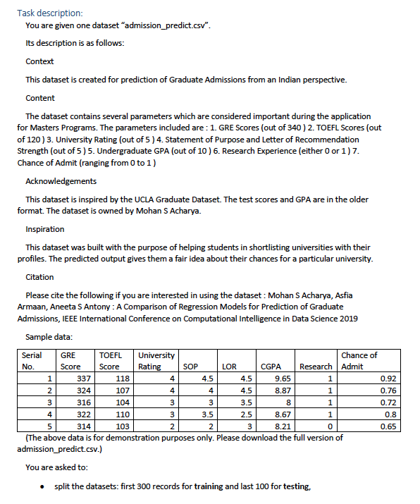 Solved Task description: You are given one dataset | Chegg.com