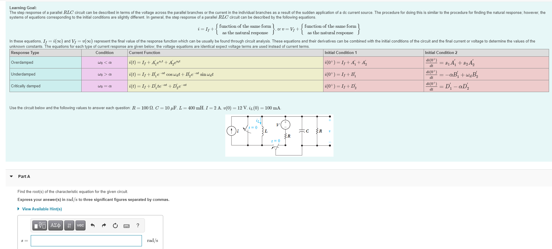 Solved } Learning Goal: The step response of a parallel RLC | Chegg.com