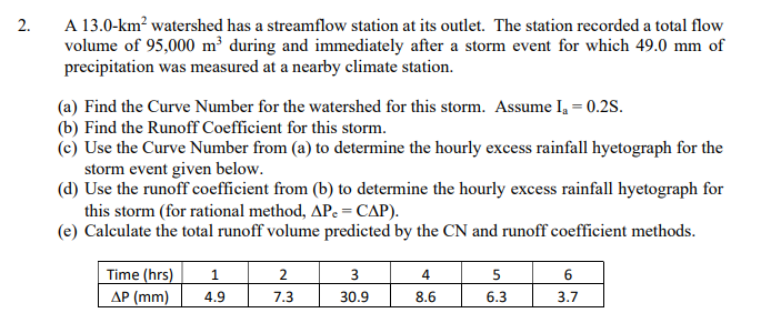 2 2. A 13.0-km² watershed has a streamflow station at | Chegg.com