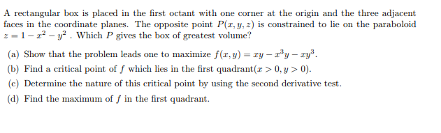 Solved A rectangular box is placed in the first octant with | Chegg.com
