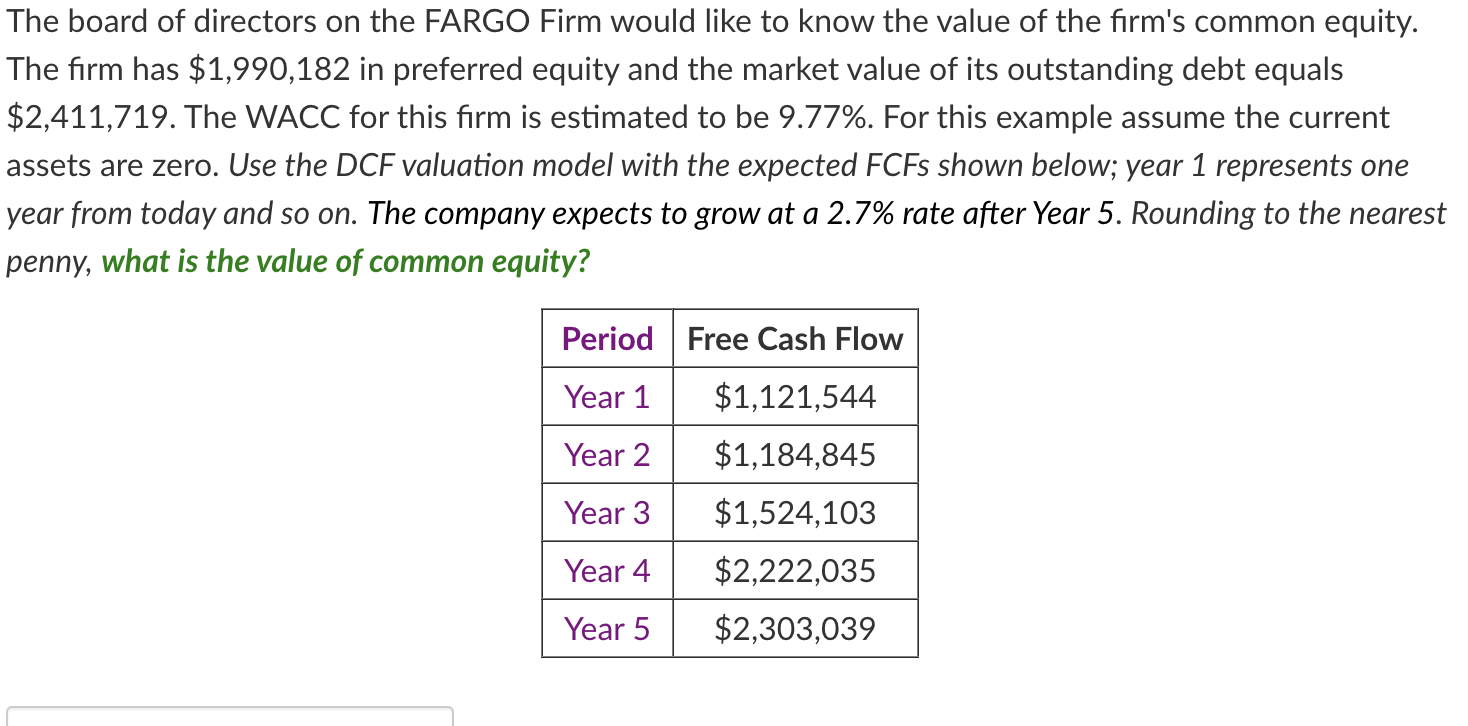 Solved The board of directors on the FARGO Firm would like | Chegg.com