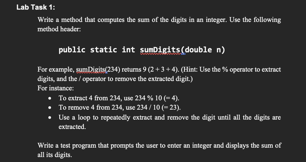 Solved Lab Task 1: Write a method that computes the sum of | Chegg.com