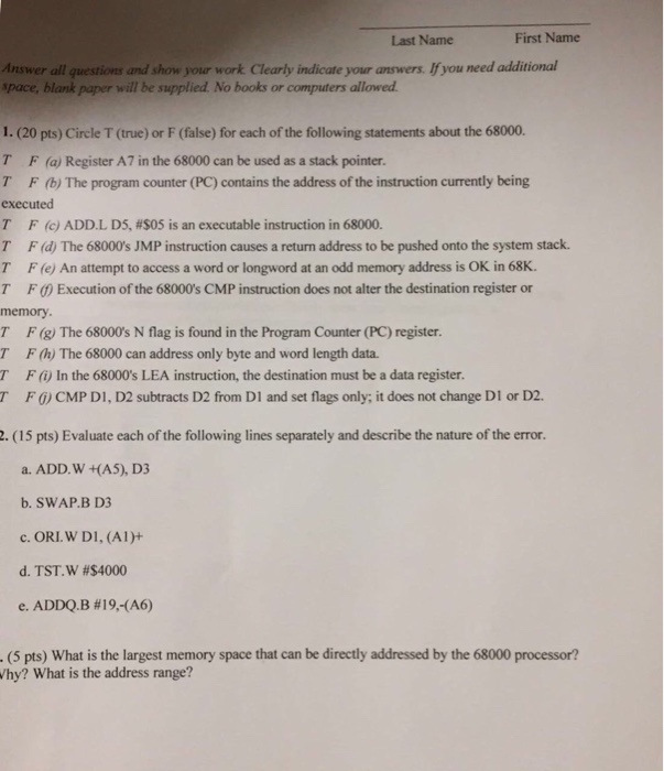Solved First Name Last Name Answer all questions and show | Chegg.com