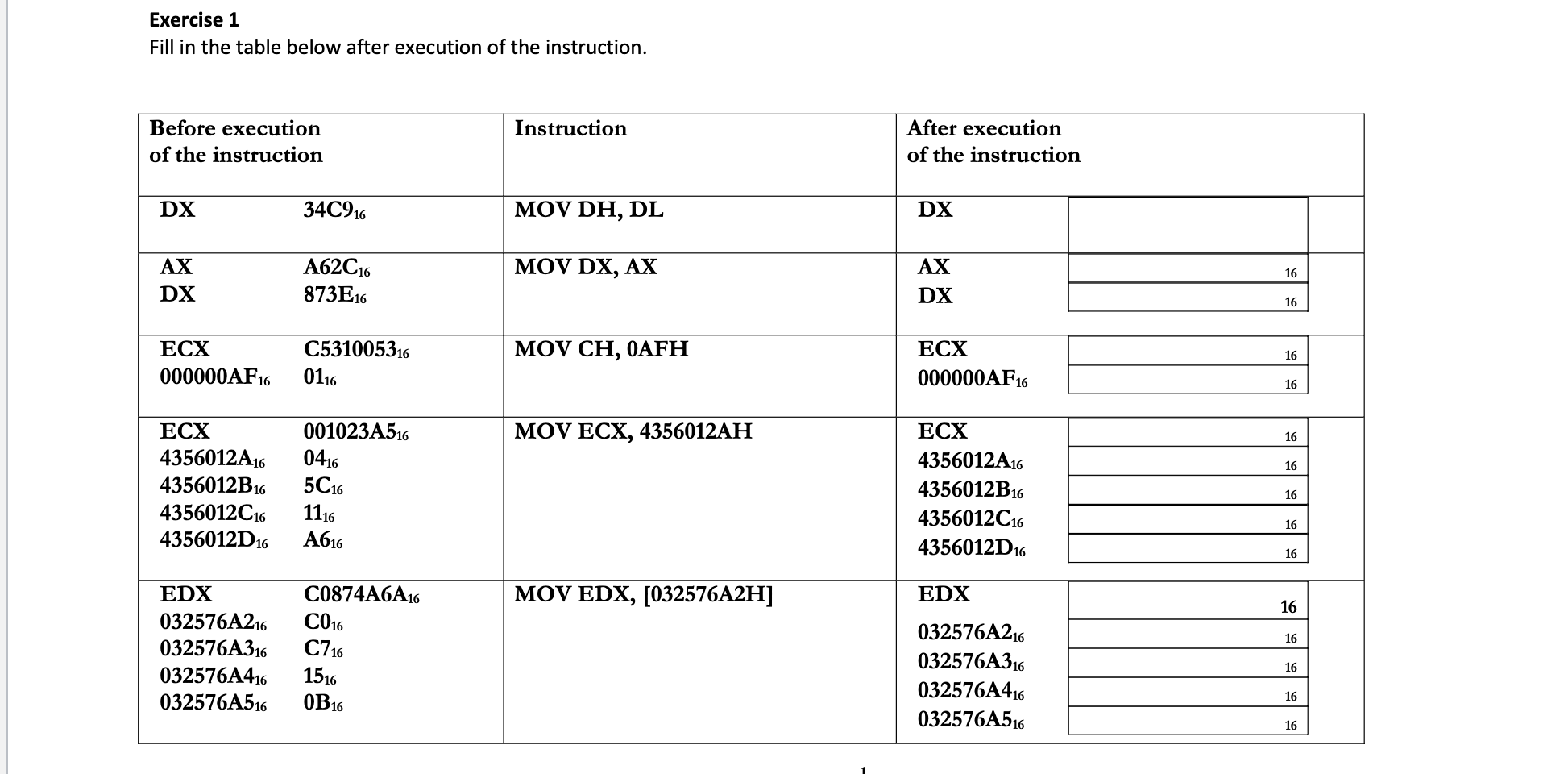 Solved Exercise 1 Fill in the table below after execution of | Chegg.com