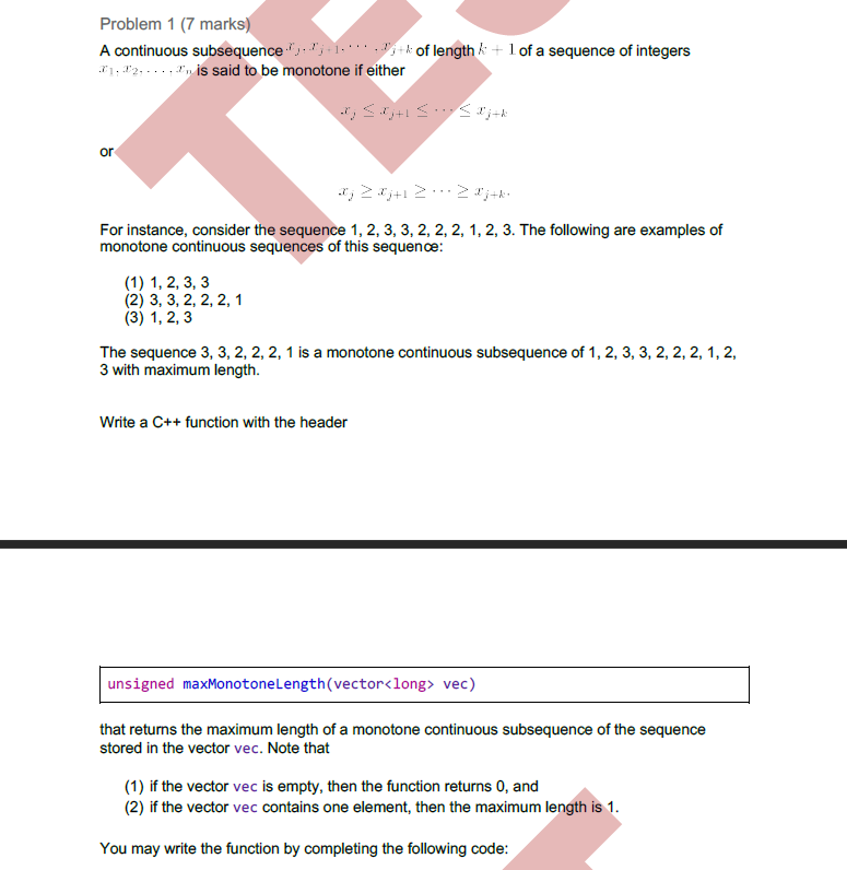 Problem 1 (7 marks) A continuous subsequence;. 1; | Chegg.com