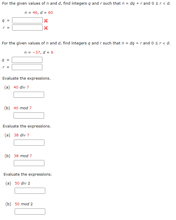 Solved For the given values of n and d, find integers q and | Chegg.com
