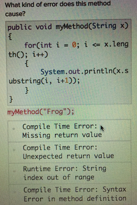 Solved What kind of error does this method cause? public | Chegg.com