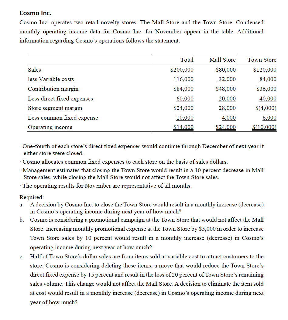 Solved Cosmo Inc. Cosmo Inc. operates two retail novelty | Chegg.com