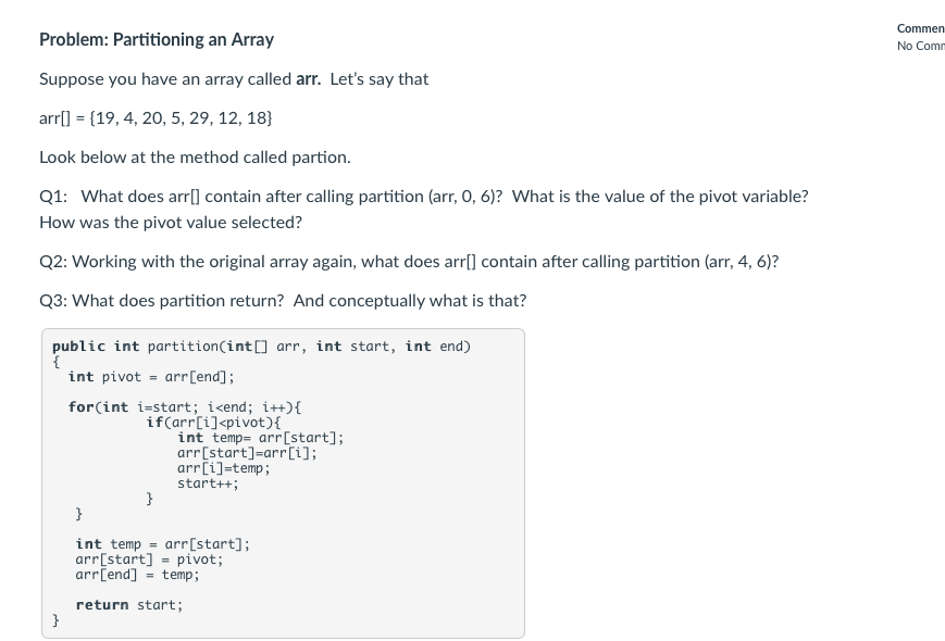 Solved Problem: Partitioning an Array Commen No Como Suppose | Chegg.com
