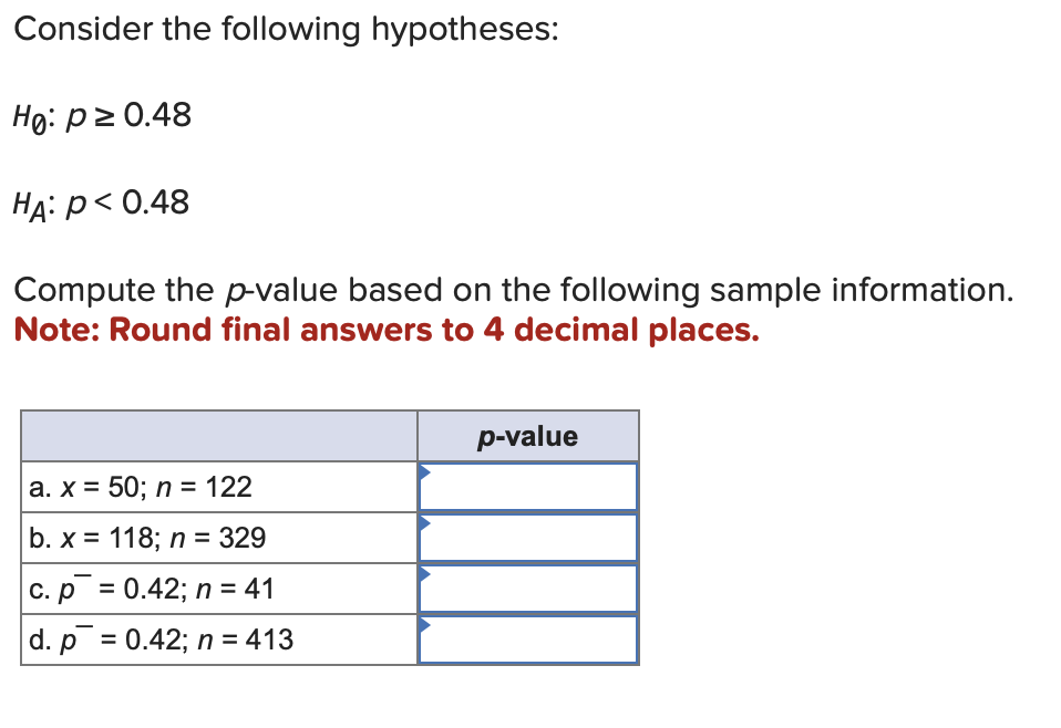 Solved Consider the following hypotheses: H0:p≥0.48HA:p