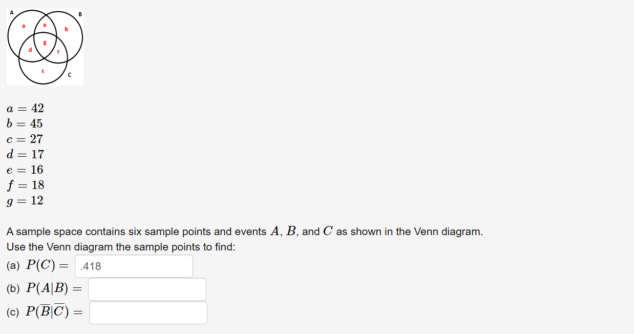 Solved a=42b=45c=27d=17e=16f=18g=12 A sample space contains | Chegg.com