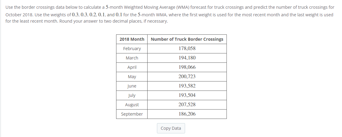 Solved Use the border crossings data below to calculate a | Chegg.com
