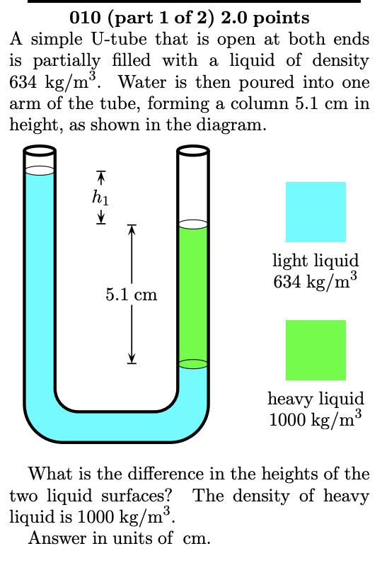 Solved 010 (part 1 of 2 ) 2.0 points A simple U-tube that is | Chegg.com