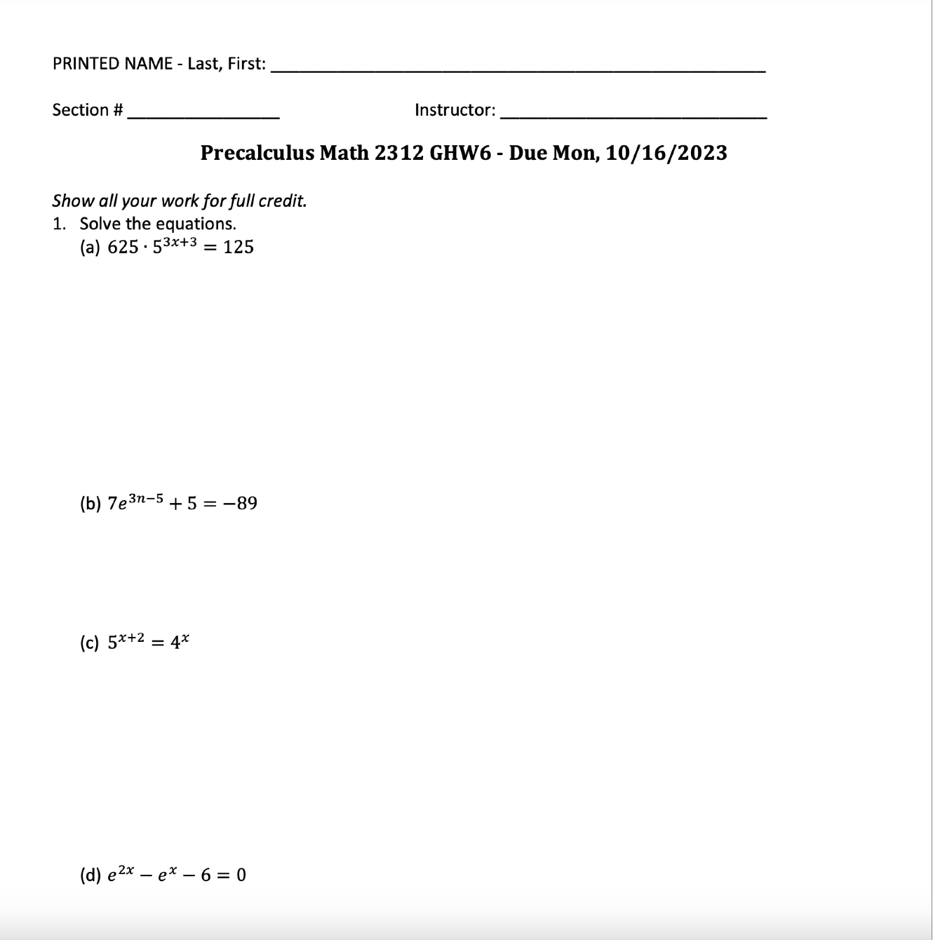 Solved PRINTED NAME - Last, First: Section \# Instructor: | Chegg.com