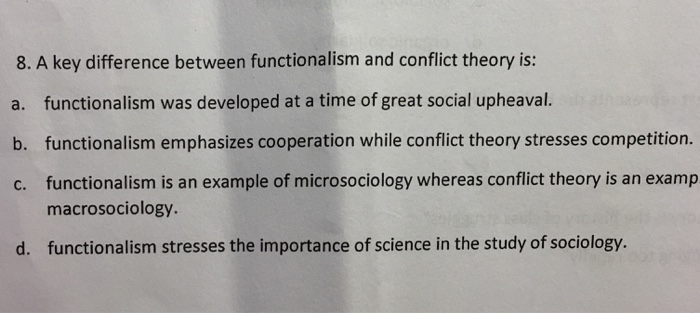 Solved 8. A key difference between functionalism and | Chegg.com