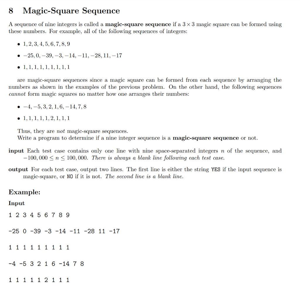 Solved 8 Magic-Square Sequence A sequence of nine integers | Chegg.com