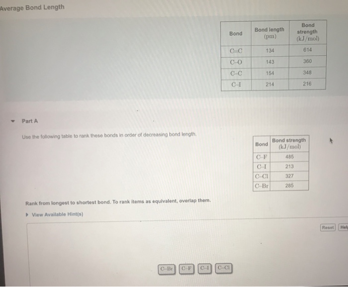 Solved Average Bond Length Bond (k.J/mol) 614 360 348 216 | Chegg.com