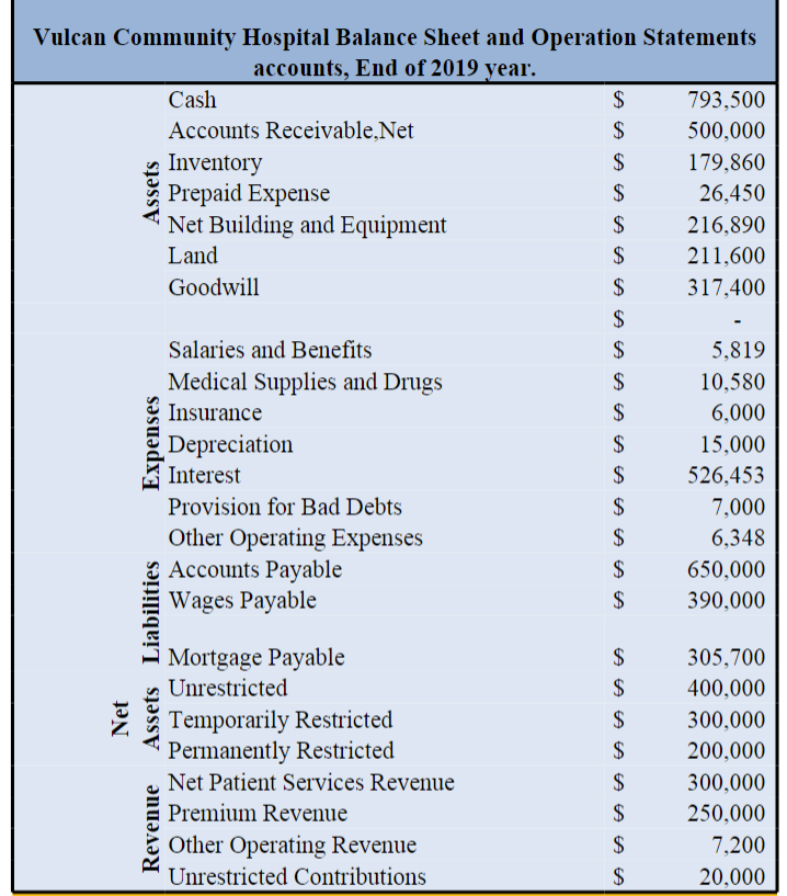 Solved Vulcan Community Hospital Balance Sheet and Operation | Chegg.com