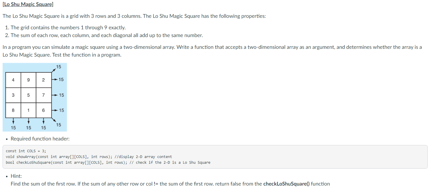 Solved [Lo Shu Magic Square) The Lo Shu Magic Square is a | Chegg.com