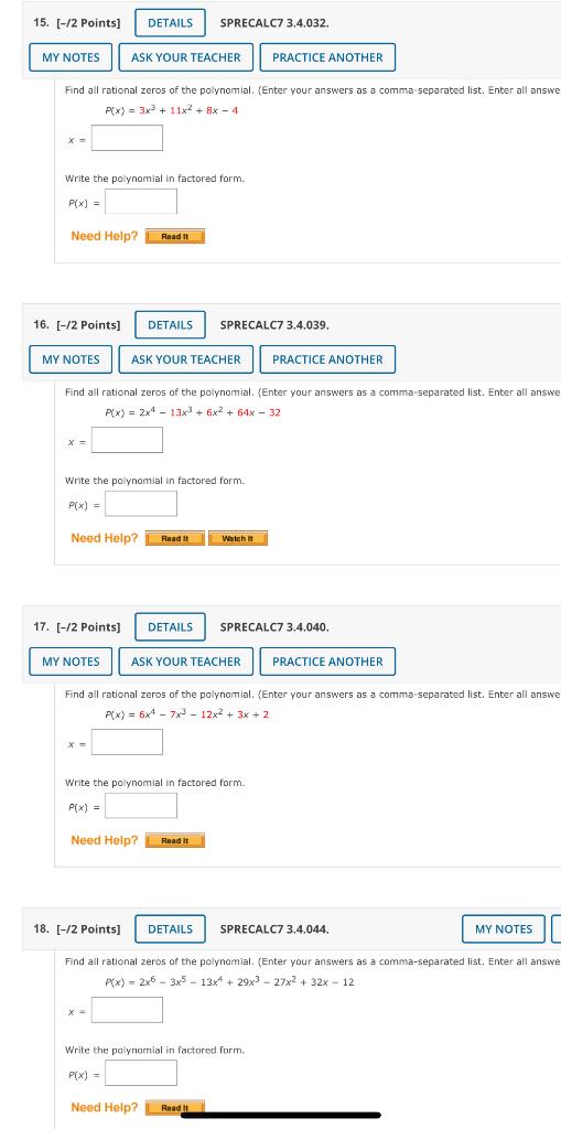 Solved [-/2 Points] SPRECALC7 3,4.032. Find all rational | Chegg.com