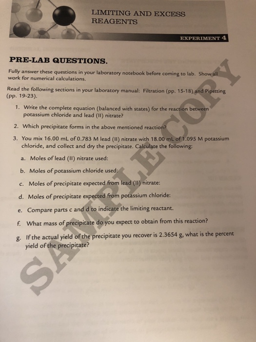 Solved LIMITING AND EXCESS REAGENTS EXPERIMENT 4 PRE-LAB | Chegg.com