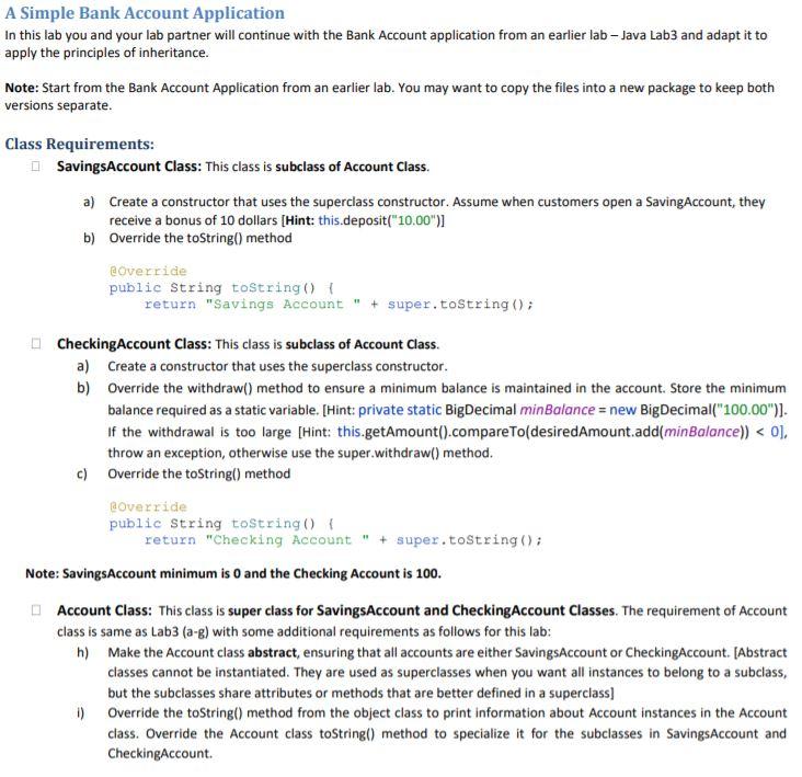 A Simple Bank Account Application In this lab you and | Chegg.com