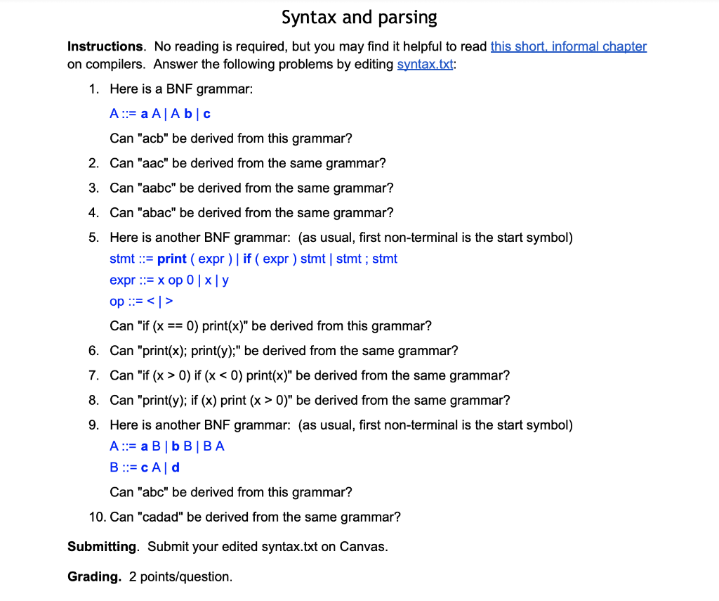 Solved Syntax and parsing Instructions. No reading is | Chegg.com