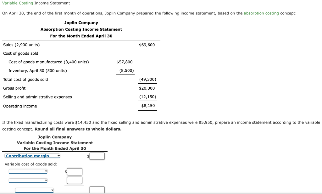 Solved Variable Costing Income Statement On April 30 The Chegg