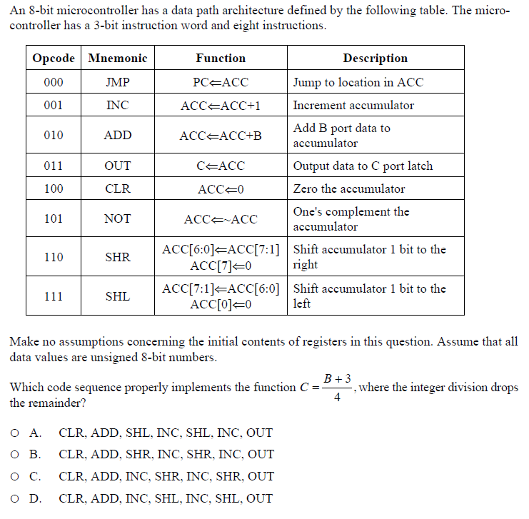 Solved An 8-bit microcontroller has a data path architecture | Chegg.com