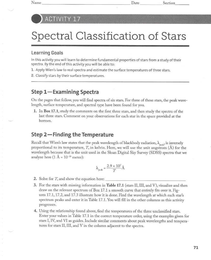 Solved Name Date Section ACTIVITY 17 Spectral Classification | Chegg.com