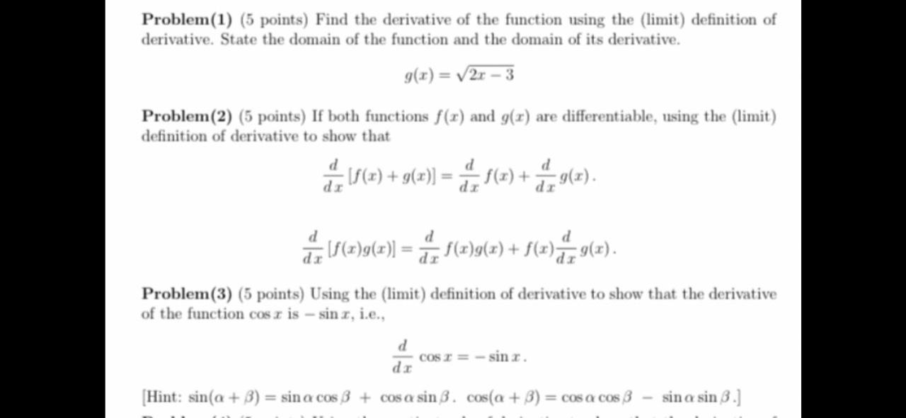 Solved Problem(1) (5 points) Find the derivative of the | Chegg.com Solved Problem(1) (5 points) Find the derivative of the | Chegg.com