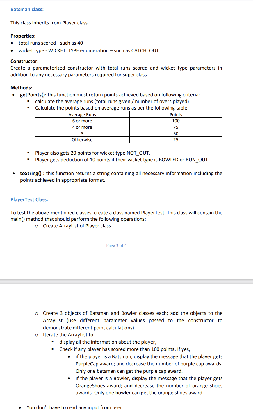 Batsman class: This class inherits from Player class. | Chegg.com